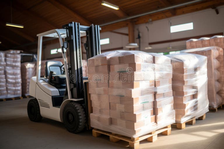 Forklift Loader Transporting and Loading Cardboard Boxes Stock ...