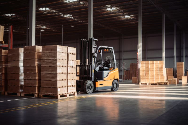 A Forklift Loading Boxes and Pallets in a Large Warehouse Created with ...