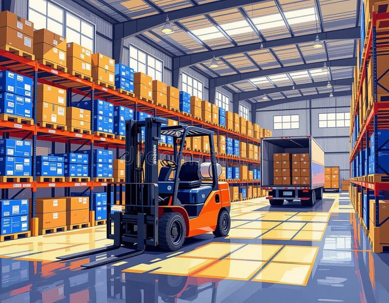Forklift Loading Cargo in Modern Warehouse with High Racks and Truck ...