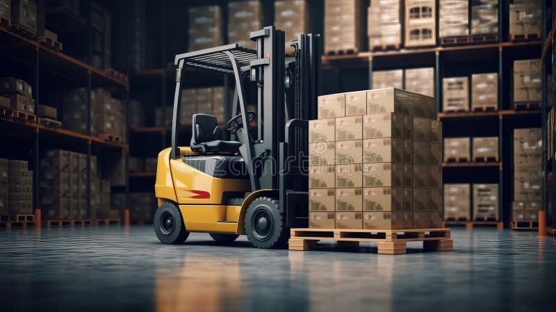Forklift is Loading Pallet with Boxes To Shelves. Generative AI. Stock ...