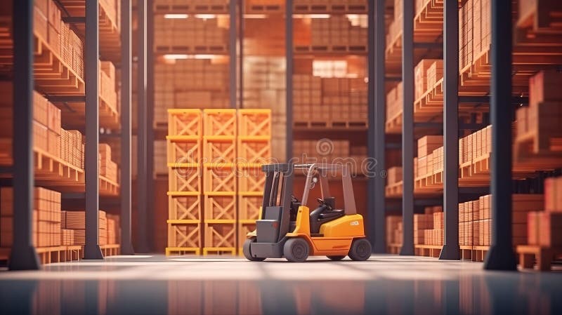 Forklift is Loading Pallet with Boxes To Shelves. Generative AI. Stock ...