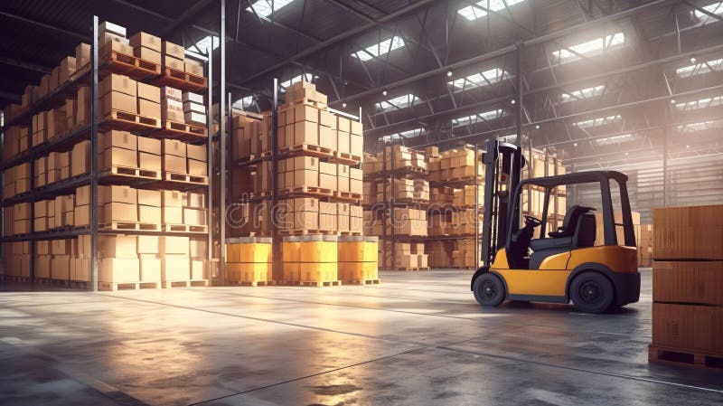 Forklift is Loading Pallet with Boxes To Shelves. Generative AI. Stock ...