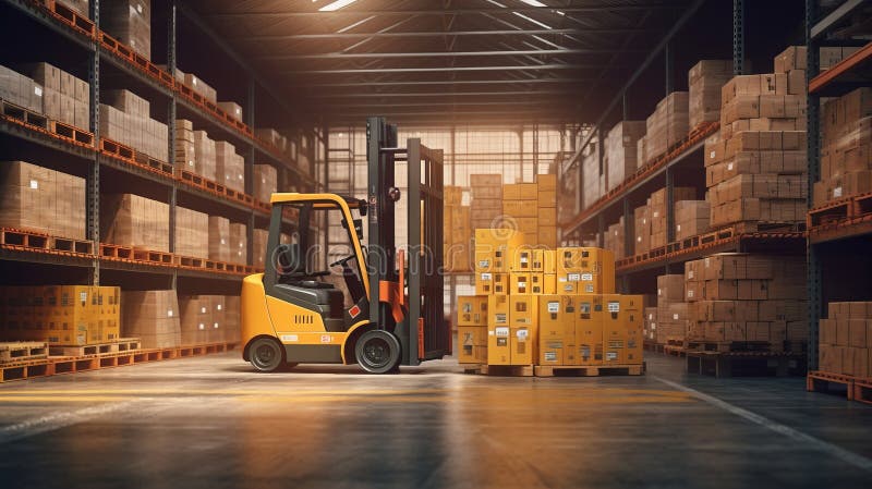 Forklift is Loading Pallet with Boxes To Shelves. Generative AI. Stock ...