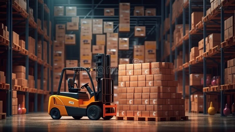 Forklift is Loading Pallet with Boxes To Shelves. Generative AI. Stock ...