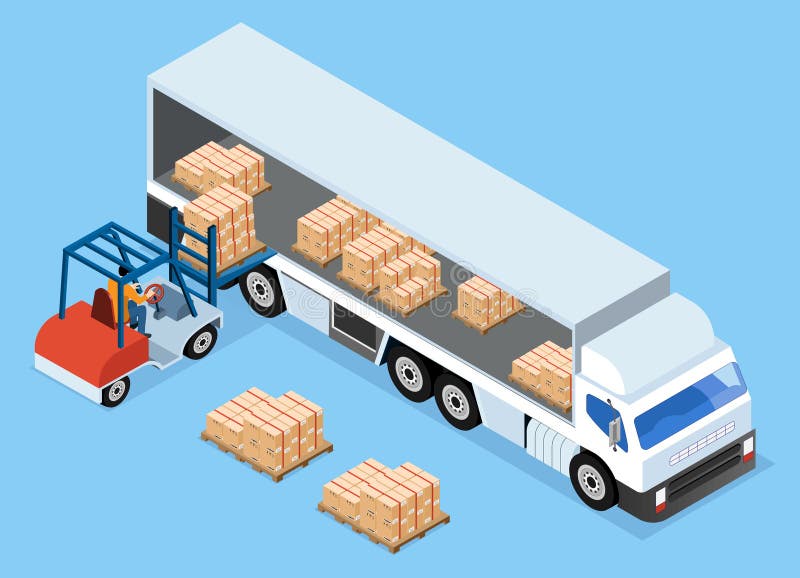 Forklift Loading Pallet Boxes from Warehouse into Truck. Isometric ...