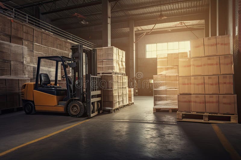 Forklift for Loading Pallets with Packages in Warehouse Interior ...