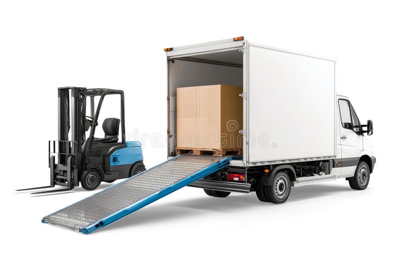Forklift Loading Parcel on a Truck Using Ramp Stock Illustration ...