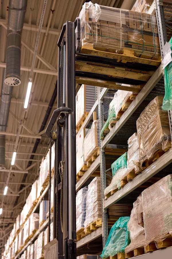 Forklift Loading Shipment Boxes Goods on Shelves in Warehouse Cargo ...