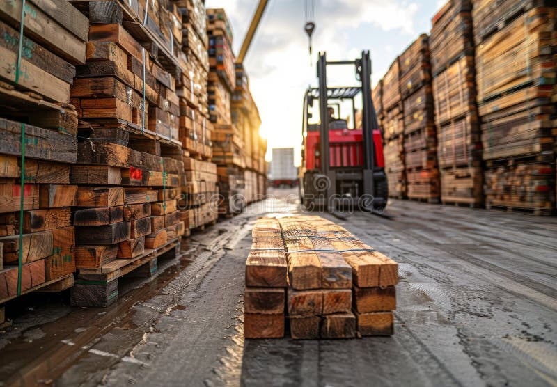 Forklift Loading Wood Planks into Storage at a Warehouse during Sunset ...