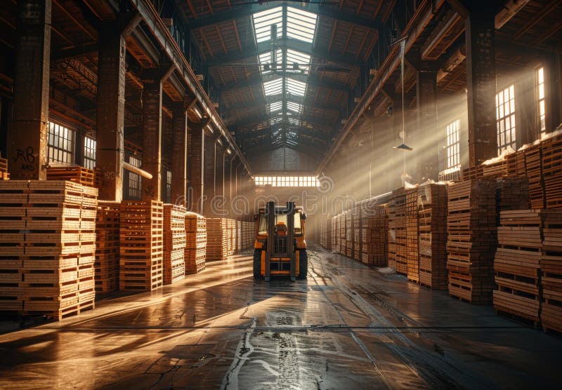 Forklift Loading Wood Planks in a Sunny Warehouse Stock Image - Image ...