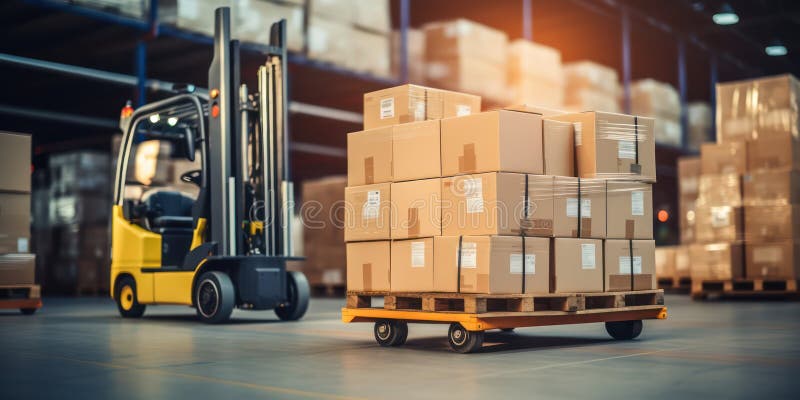 A Forklift Loads Pallets and Boxes Onto Racks in a Huge Hangar or ...