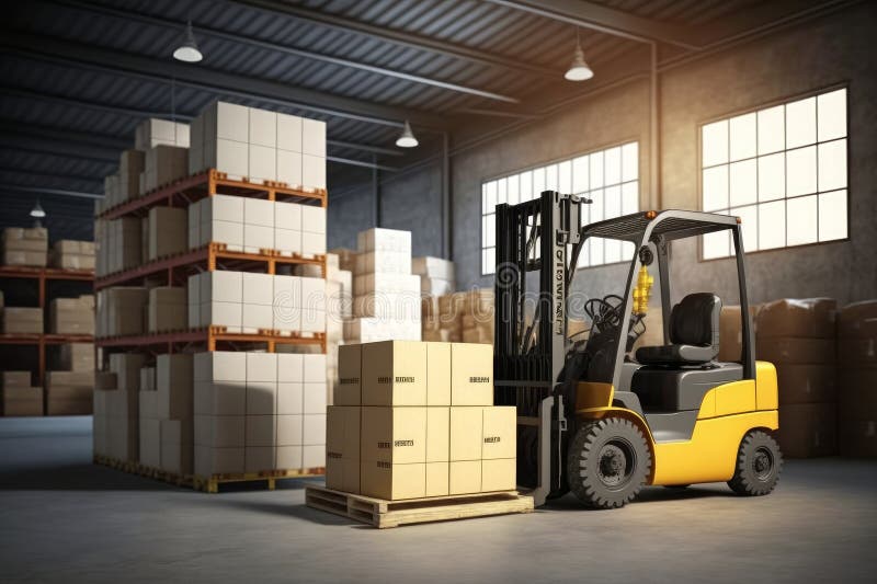 Forklift Loads Pallets and Boxes in Warehouse Stock Illustration ...