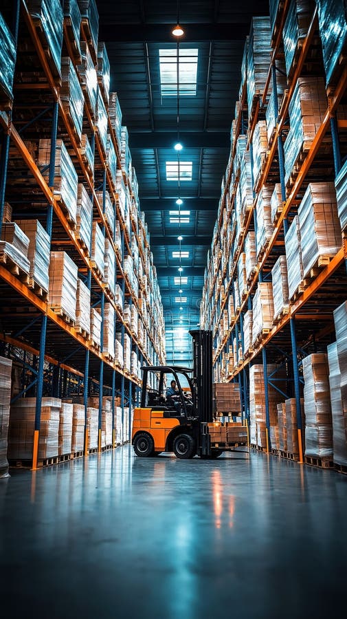 Forklift Maneuvers through Massive Warehouse Filled with Stacked ...
