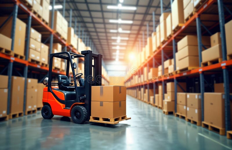 Forklift Moves Boxes in Warehouse. Worker Operates Machine. Cargo ...