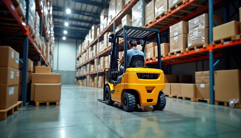 Forklift Moves Goods Inside Warehouse. Worker Operates Industrial ...