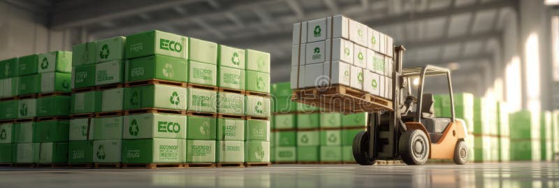 Forklift Transports Eco-Friendly Boxes in Green Warehouse Showcasing ...