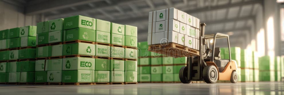 Forklift Transports Eco-Friendly Boxes in Green Warehouse Showcasing ...