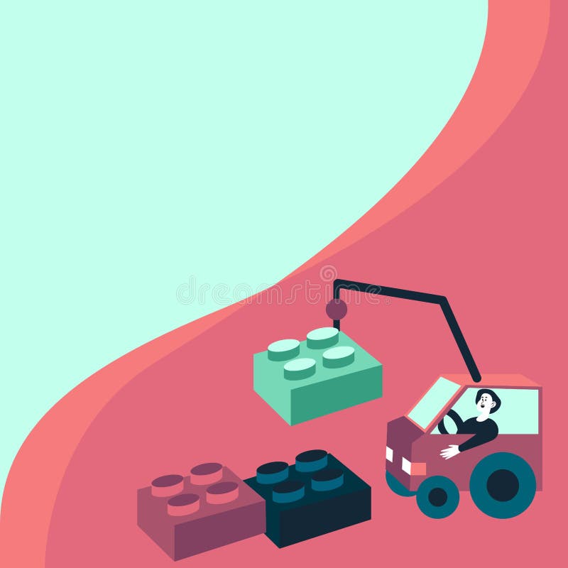 Forklift Moving Around Cubes for New Buildings and Plans. Man in Crane ...