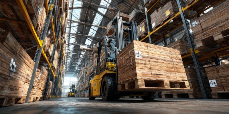 Forklift Moving Lumber in a Spacious Warehouse Stock Photo - Image of ...