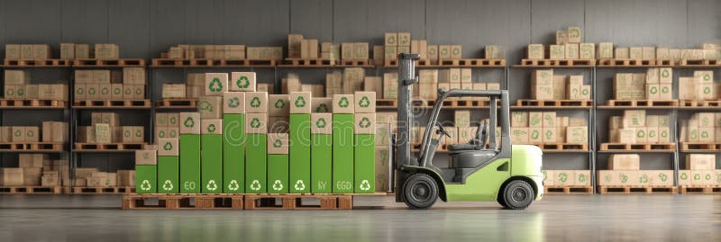 Forklift Transports Eco-Labeled Boxes in a Green Warehouse Filled with Sustainable Packaging ...