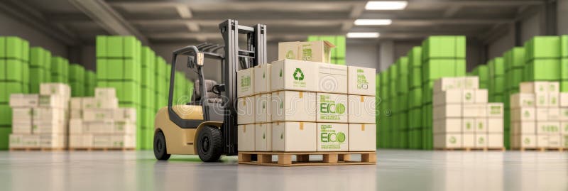 Forklift Transports Eco-Friendly Boxes in a Green Warehouse Filled with ...