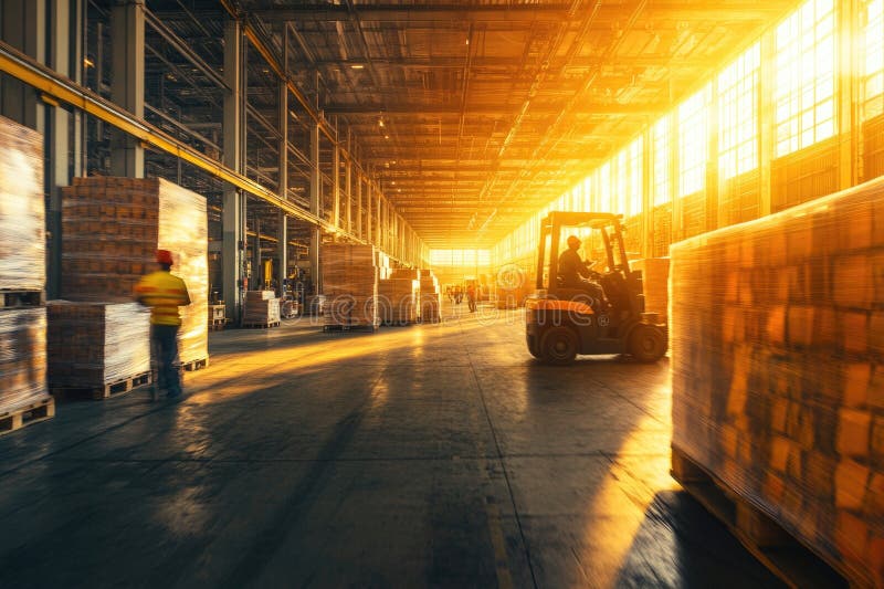 A Forklift Moving through a Warehouse Storage Area Stock Photo - Image ...
