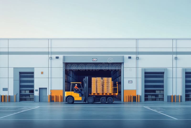 Forklift Operates in Large Warehouse Loading Pallets at Dusk ...