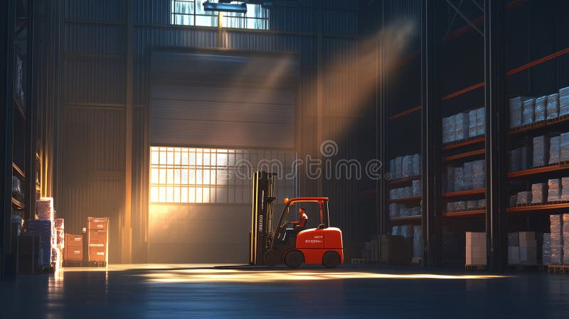 Forklift Operates in Spacious Distribution Center, Illuminated by ...