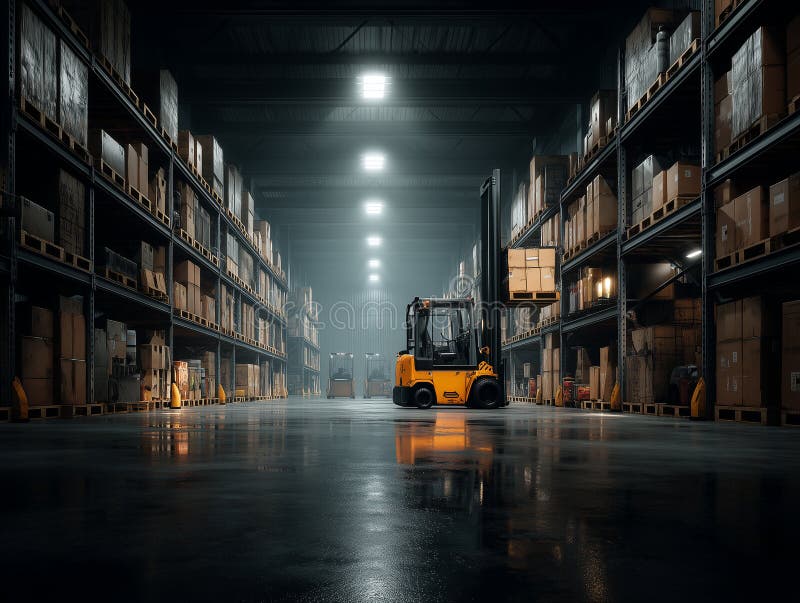 Forklift Operates in Spacious Warehouse Filled with Stacked Boxes ...