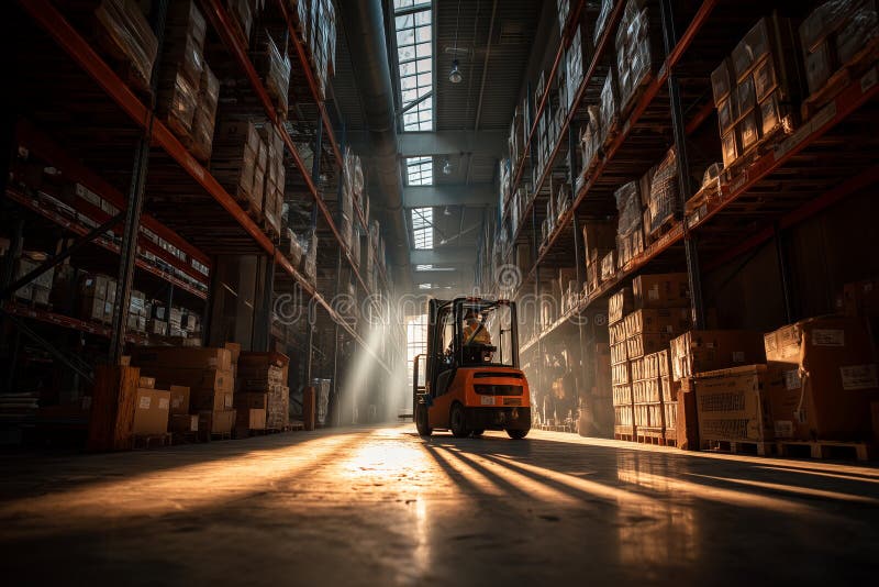 Forklift Operates in Spacious Warehouse, Illuminated by Beams of Light ...