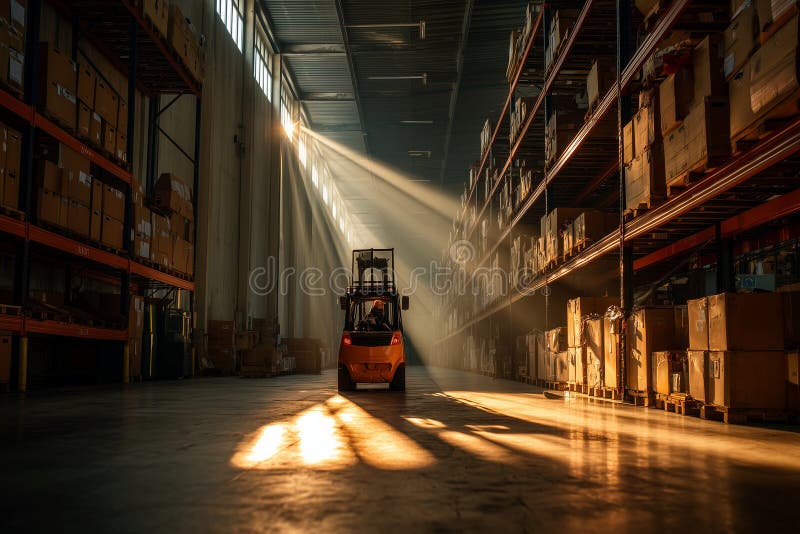 Forklift Operates in Spacious Warehouse, Illuminated by Beams of ...