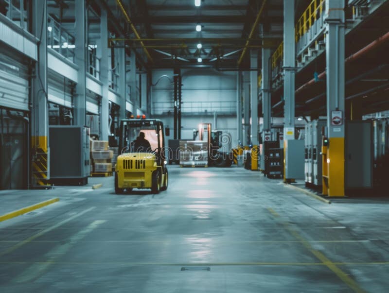 A Forklift Operating in a Dimly Lit Industrial Warehouse at Night ...