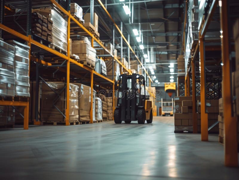 A Forklift Operating in a Dimly Lit Industrial Warehouse at Night ...
