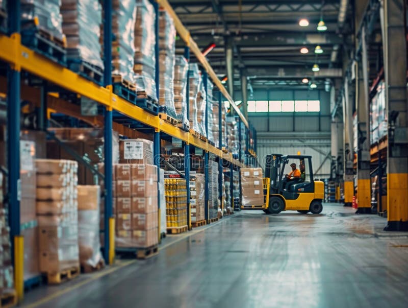 A Forklift Operating in a Dimly Lit Industrial Warehouse, Transporting ...