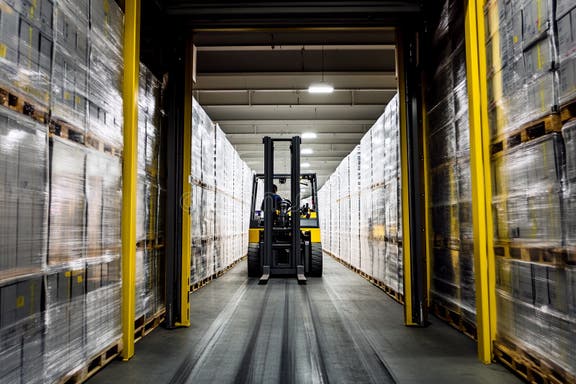 A Forklift Operating Inside a Vast Storage Hangar, Efficiently Moving ...