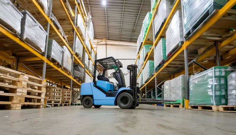 Forklift Operating in Large Warehouse with Pallets. Generative AI Stock ...