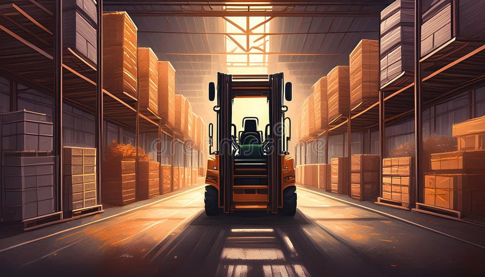 Forklift Operating in Warehouse with Boxes on Shelves. Generative AI ...
