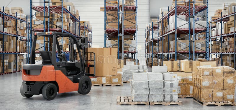 Forklift Operating in a Warehouse Full of Stacked Boxes, 3D ...