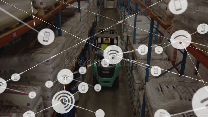 Forklift Operating in Warehouse with Network of Connected Devices Animation Stock Video - Video ...