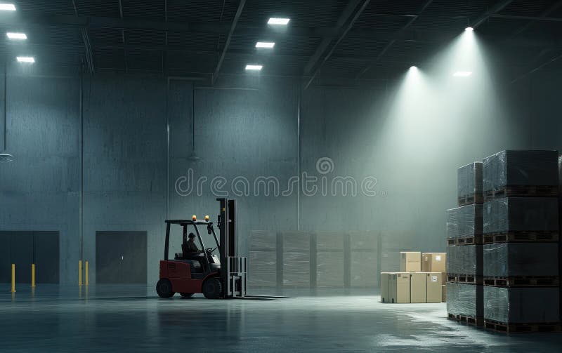 Forklift Operator in Dimly Lit Warehouse Stock Illustration ...