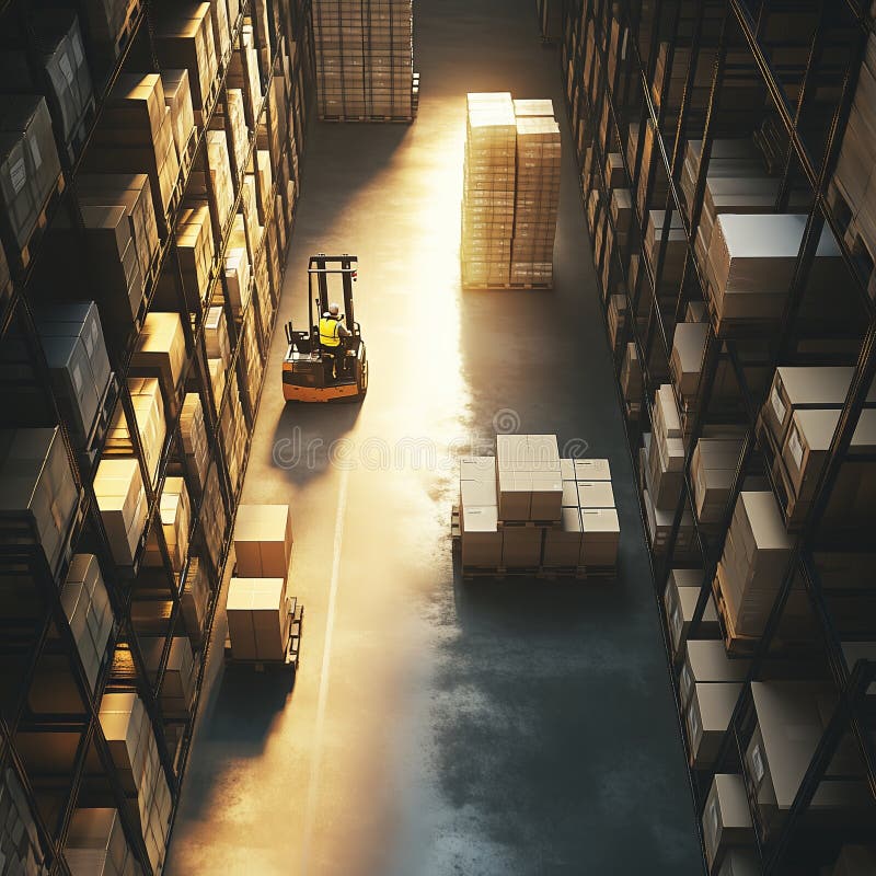 A Forklift is Driving through a Warehouse Filled with Boxes by AI ...
