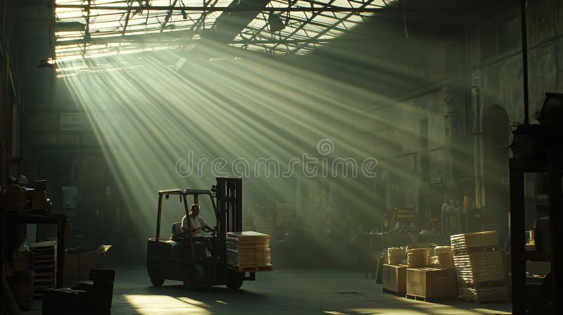 Forklift Operator Moving Pallets in a Warehouse with Sunbeams Stock ...