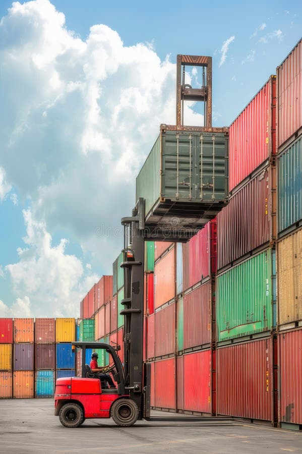 Forklift Operator Lifting a Container at a Colorful Cargo Terminal ...