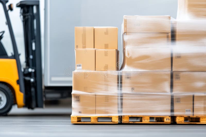 Forklift Operator Moving Cardboard Boxes on Pallet in Warehouse Stock ...