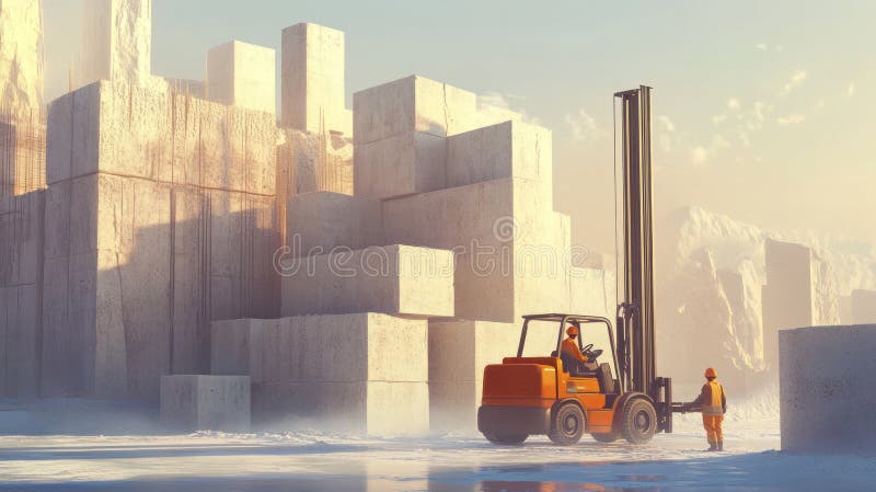 Forklift Operator Moving Large Concrete Blocks in a Snowy Landscape ...