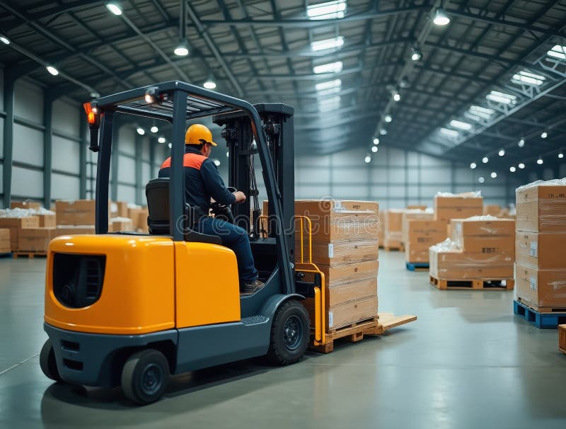 Forklift Operator Moving Pallets of Goods in a Spacious Warehouse Stock ...