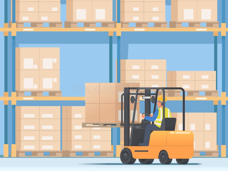 Forklift Operator is Placing Goods on a Stacker in a Warehouse. Vector ...
