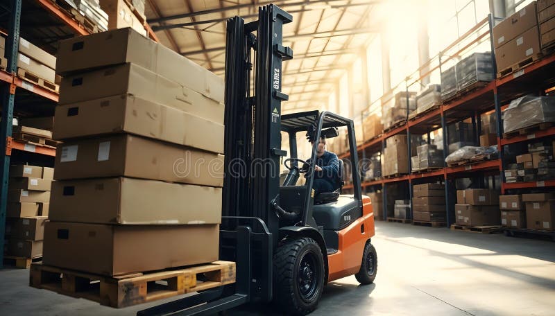 A Forklift Operator Moving Boxes in a Warehouse Stock Illustration ...