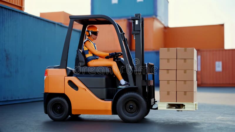Forklift Operator Transporting Boxes in Busy Cargo Container Yard Stock Video - Video of worker ...