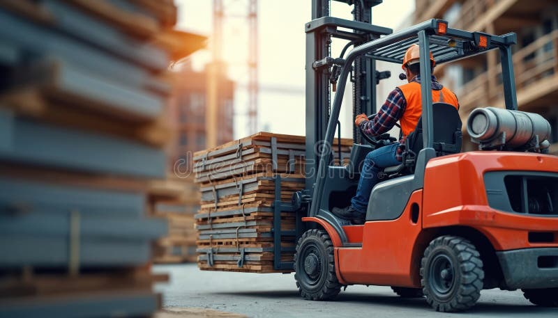 Forklift Operator Transports Construction Materials. Worker Drives Vehicle. Man Wearing Safety ...